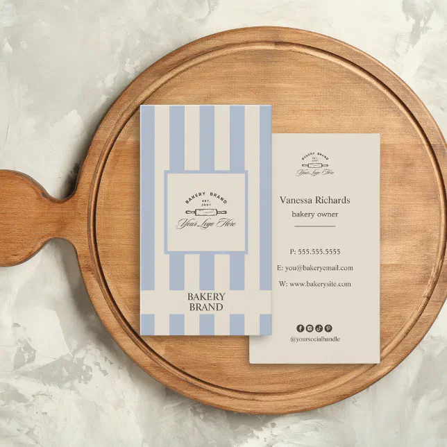 Vintage Blue French Bakery Logo Large Striped Business Card | Zazzle