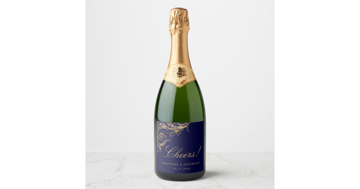 Vintage Blue Gold Floral Damask Cheer Wedding Sparkling Wine Label | Zazzle
