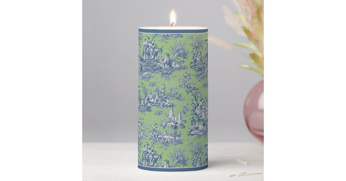Vintage blue green toile de jouy printed pillar candle | Zazzle