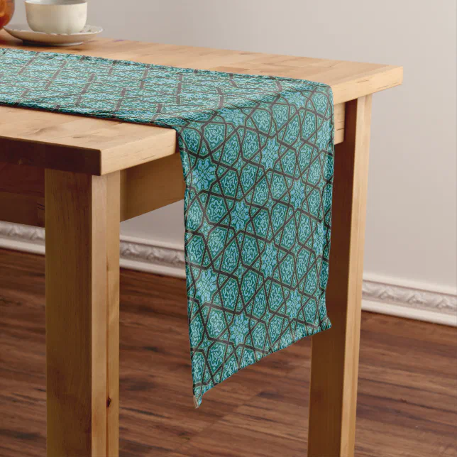 Vintage Blue Grey Arabic Egypt Geometric Pattern Short Table Runner ...