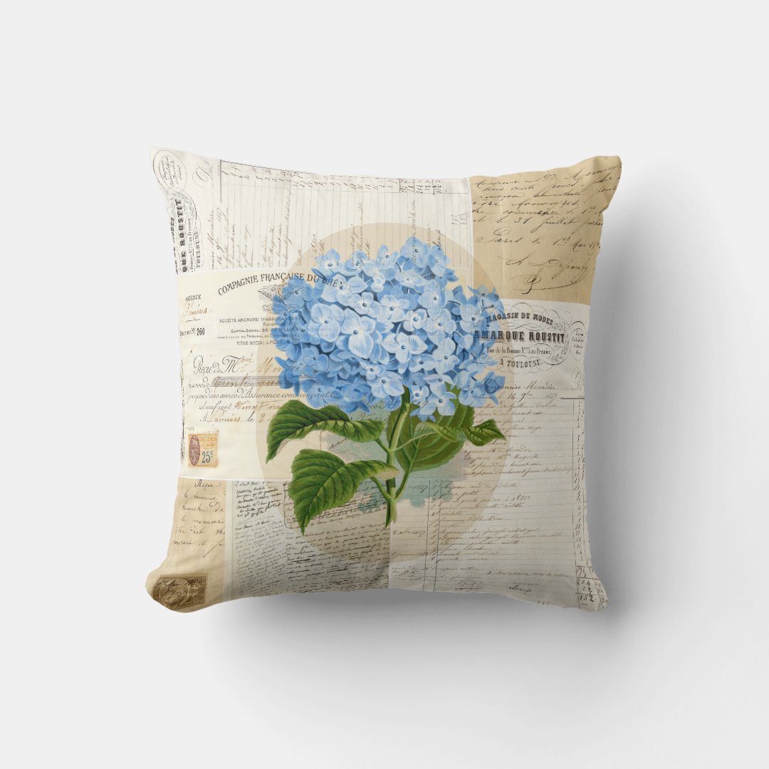 Vintage Blue Hydrangea French Ephemera Pillow | Zazzle