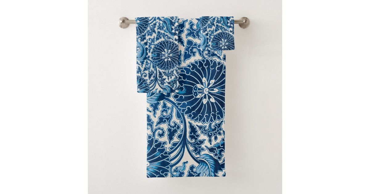Vintage Blue Ornamental Floral Pattern Bath Towel Set | Zazzle