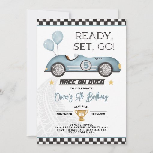 Vintage Blue Race Car Boy Birthday Party Invitation | Zazzle