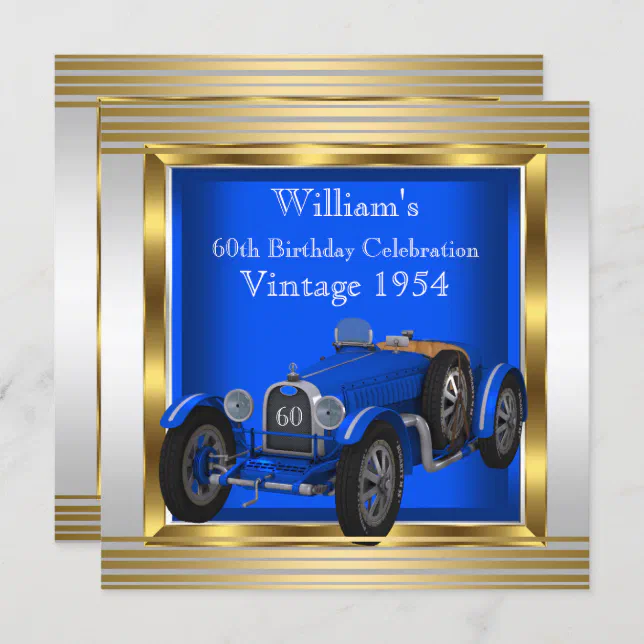 Vintage Blue Racing Car Mans 60th Birthday Party Invitation | Zazzle
