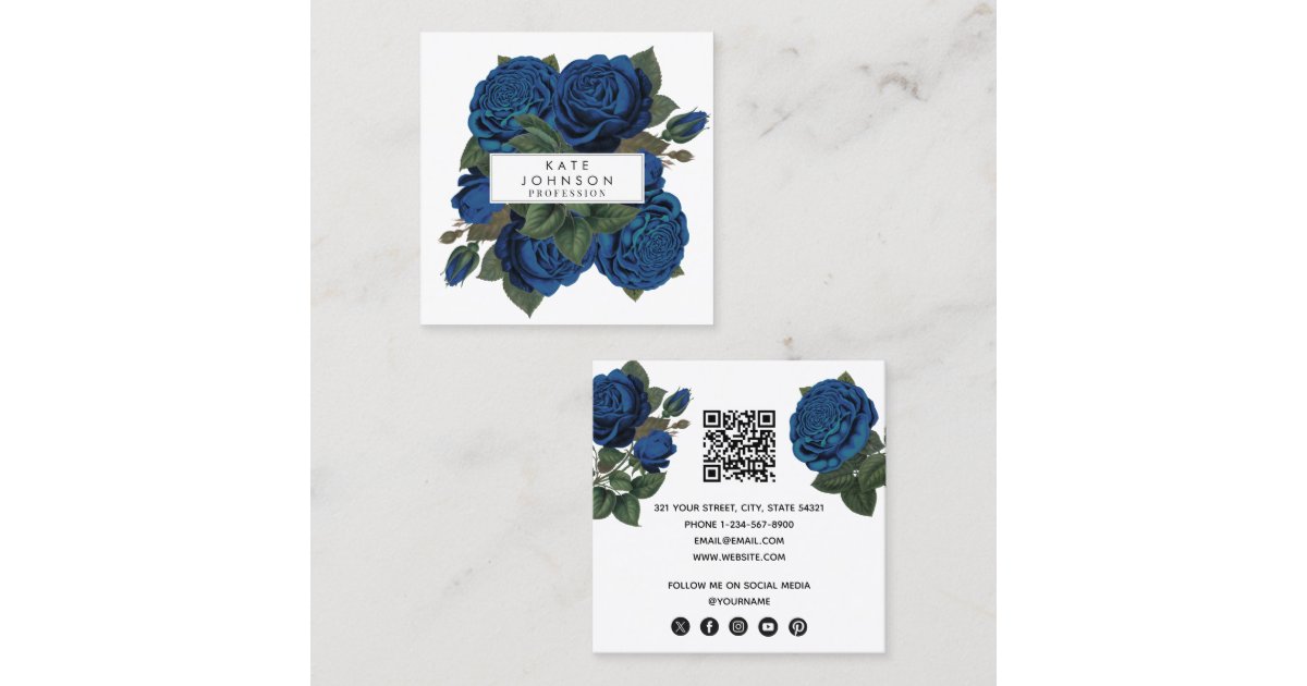 Vintage Blue Roses Floral Flowers QR Code Square Business Card | Zazzle