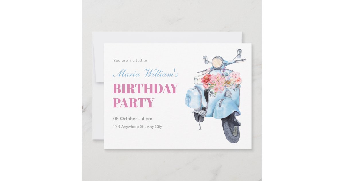 Vintage blue scooter birthday invitation | Zazzle