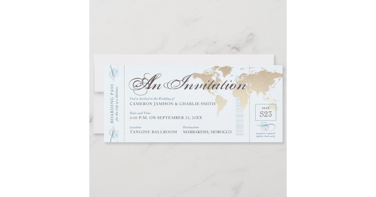 Vintage Blue Tan Destination Boarding Pass Invita Invitation | Zazzle
