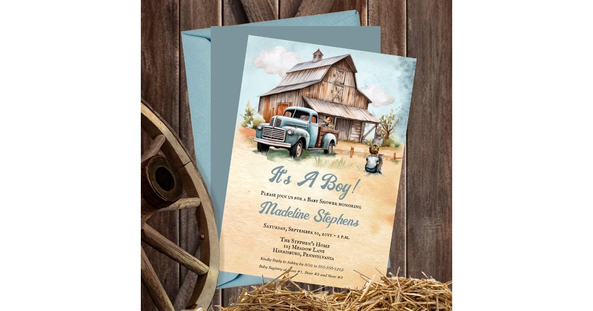 Vintage Blue Truck | Barn Boy Farming Baby Shower Invitation | Zazzle