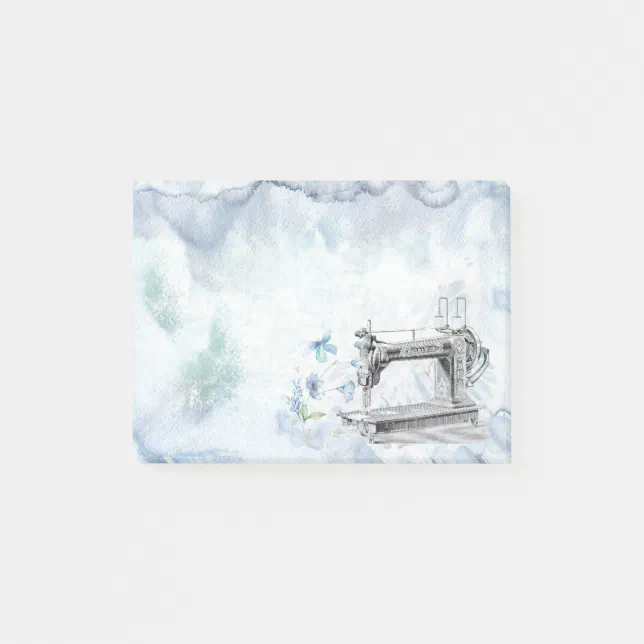 Vintage Blue Watercolor Sewing Machine with Flower Post-it Notes | Zazzle