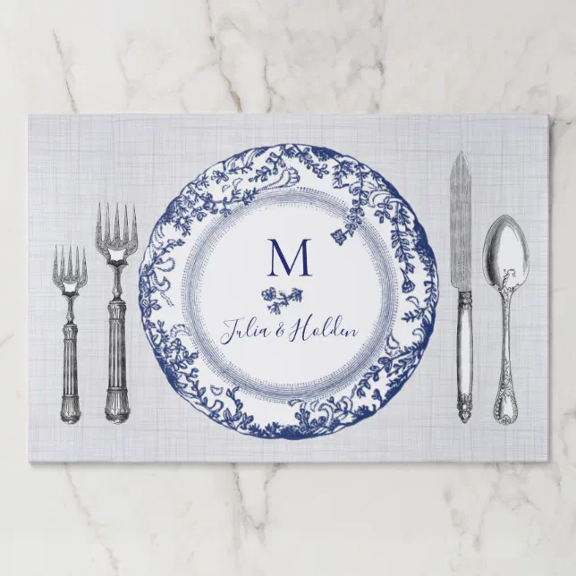 Vintage Blue & White China Personalized Monogram Paper Placemat | Zazzle