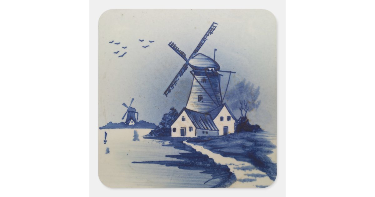 Vintage Blue White Delft Windmill Square Sticker | Zazzle