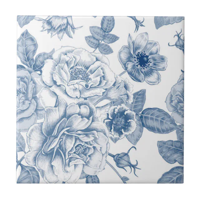 Vintage blue white floral pattern home decor tile | Zazzle