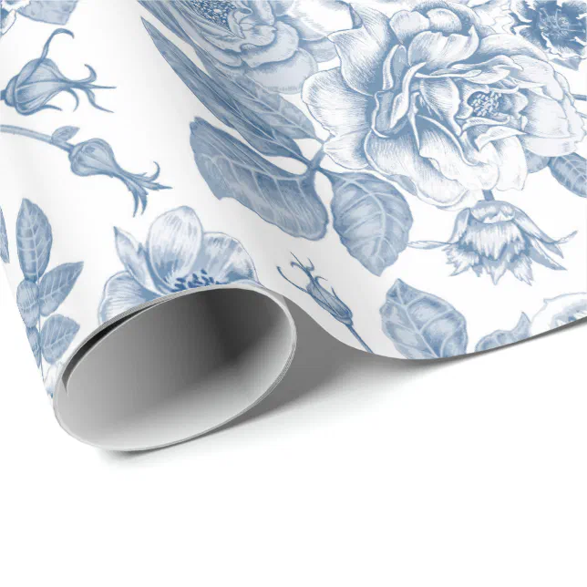 Vintage blue white floral pattern party wrap wrapping paper | Zazzle