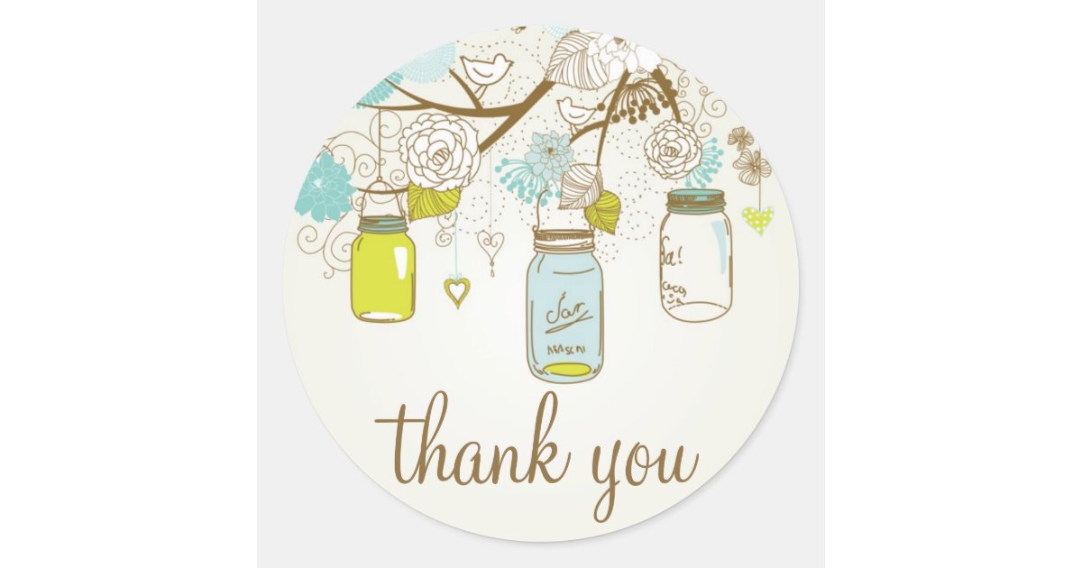 VINTAGE BLUE & YELLOW MASON JARS THANK YOU STICKER | Zazzle