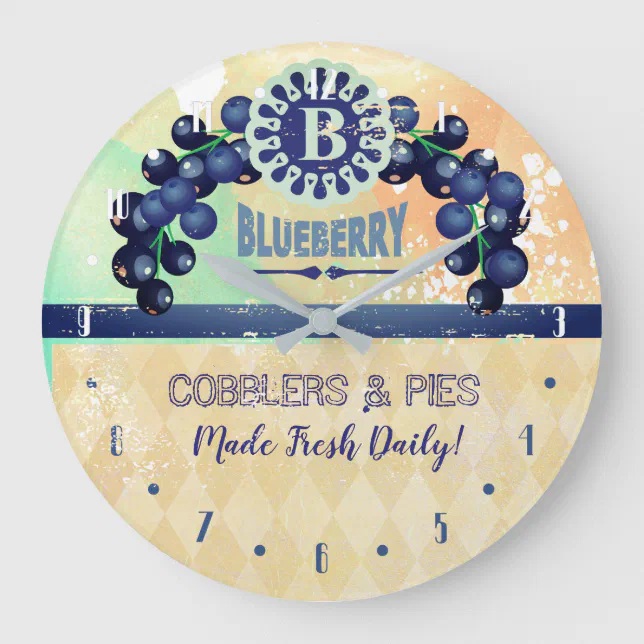 Vintage blueberry pie advertisement kitchen clock | Zazzle