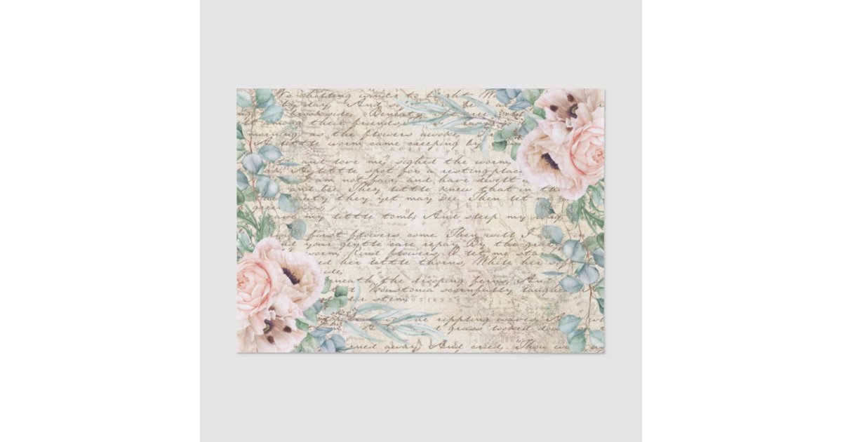 Vintage Blush Floral Poppy Old Letter Decoupage Tissue Paper | Zazzle