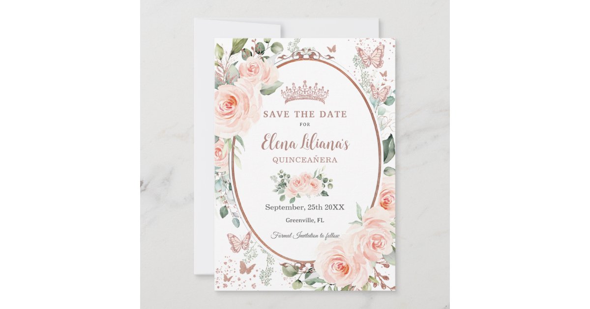 Vintage Blush Pink Floral Rose Gold Quinceañera Save The Date | Zazzle