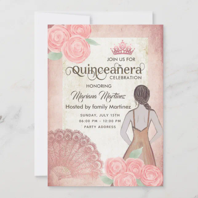 Vintage blush pink hand fan roses tiara Quince Invitation | Zazzle