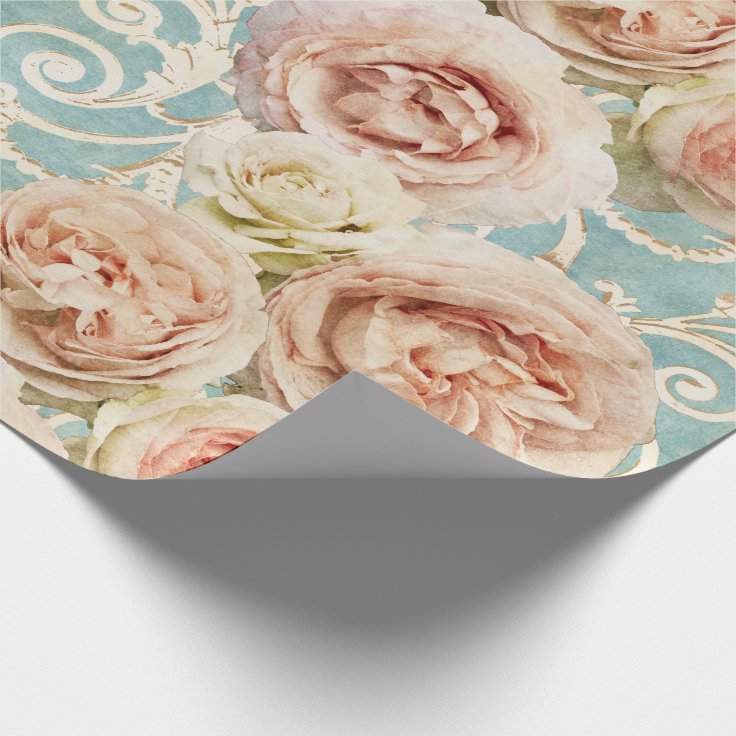 Vintage Blush Pink Heirloom Roses Floral Damask Wrapping Paper | Zazzle