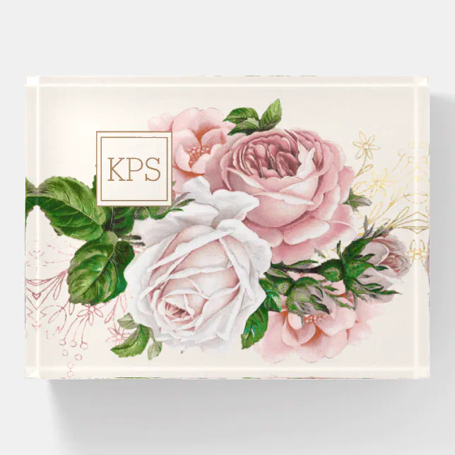 Vintage Blush Pink Watercolor Floral Monogram Paperweight | Zazzle