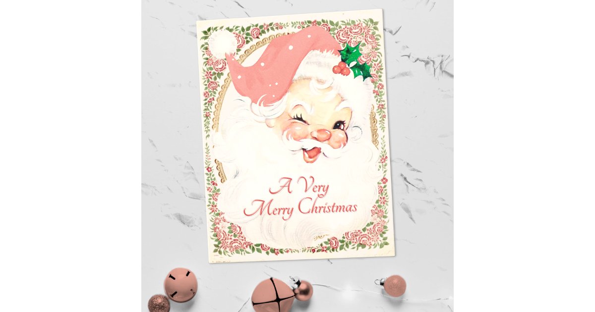 Vintage Blush Pink Winking Santa Claus Christmas Holiday Postcard | Zazzle