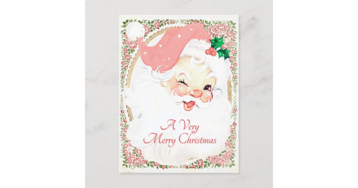 Vintage Blush Pink Winking Santa Claus Christmas Holiday Postcard | Zazzle