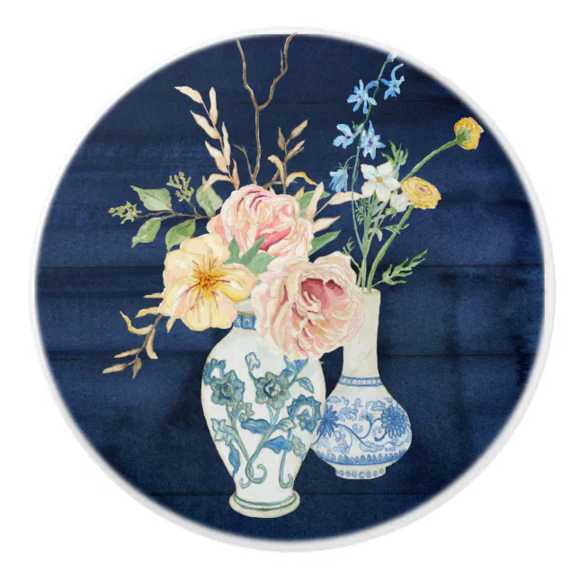 Vintage Blush Pink Yellow Flowersl Navy Blue Wood Ceramic Knob | Zazzle