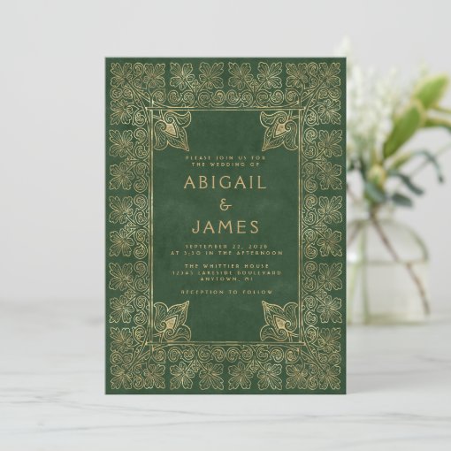 Vintage Book Green Gold Wedding Invitation | Zazzle