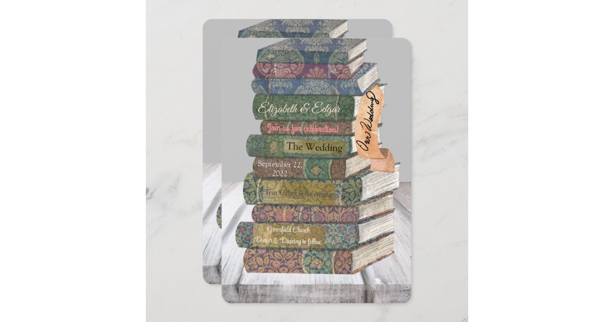 Vintage book stack Painted Wedding Invitations | Zazzle