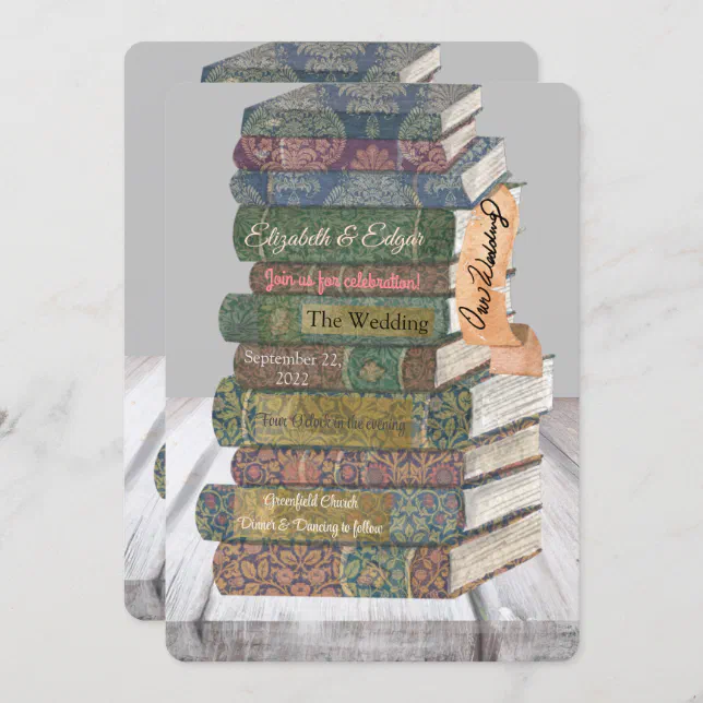 Vintage book stack Painted Wedding Invitations | Zazzle