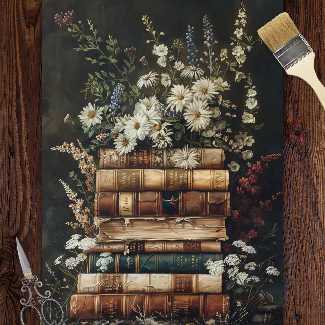 Vintage Book Stack with Wildflowers Decoupage Tissue Paper | Zazzle