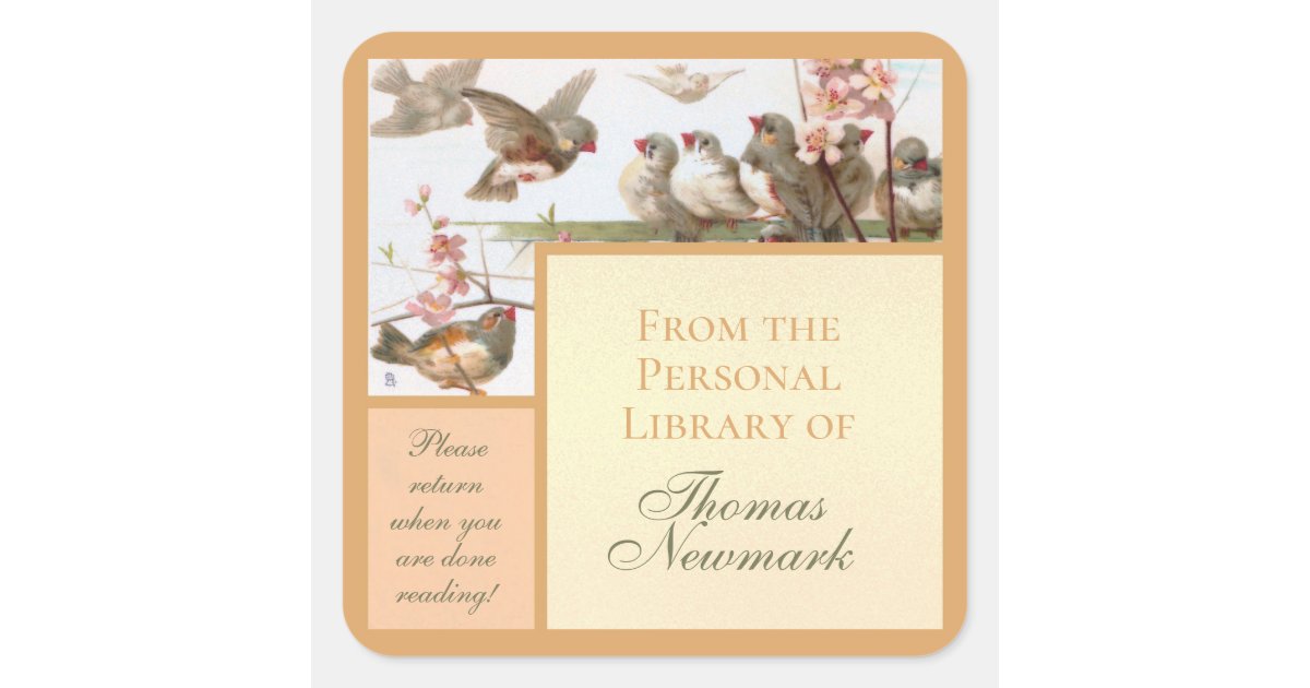 Vintage Bookplate Birds on Fence Peach Trim | Zazzle