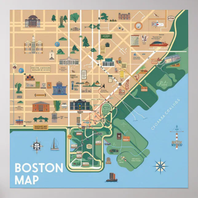 Vintage Boston Massachusetts Map, Boston Ma Us Map Poster | Zazzle
