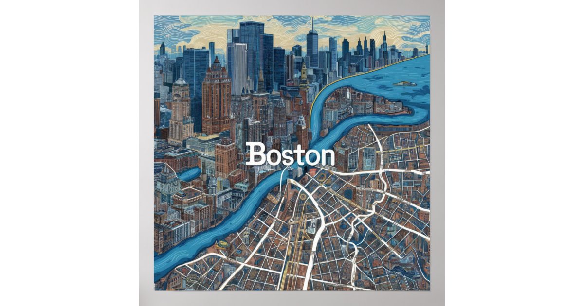 Vintage Boston Massachusetts Map, Boston Ma Us Map Poster | Zazzle