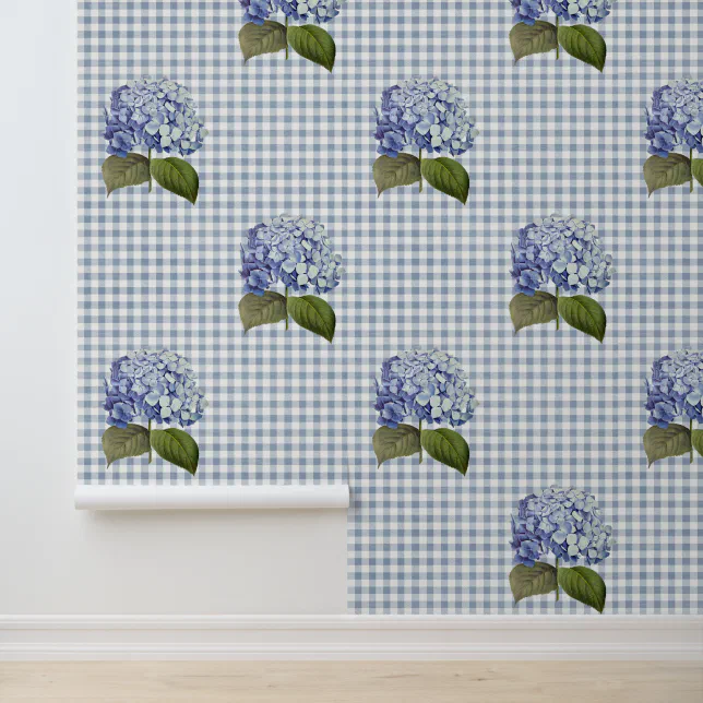 Vintage Botanical Blue Hydrangea Flower Gingham Wallpaper | Zazzle