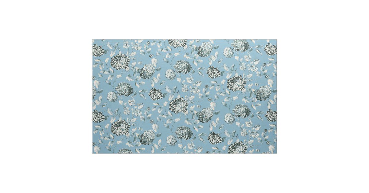 Vintage Botanical Blue Tansy Floral Toile Cotton Fabric | Zazzle
