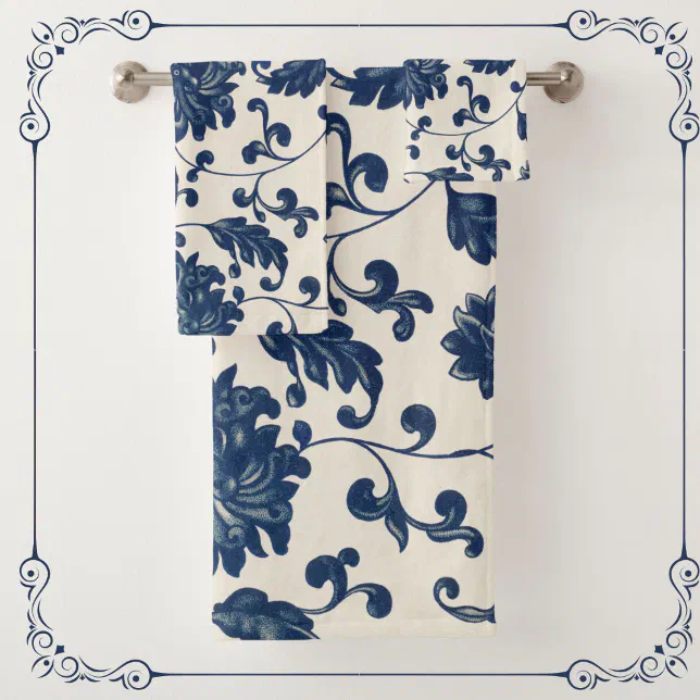 Vintage Botanical Blue + White Pattern Floral Bath Towel Set | Zazzle
