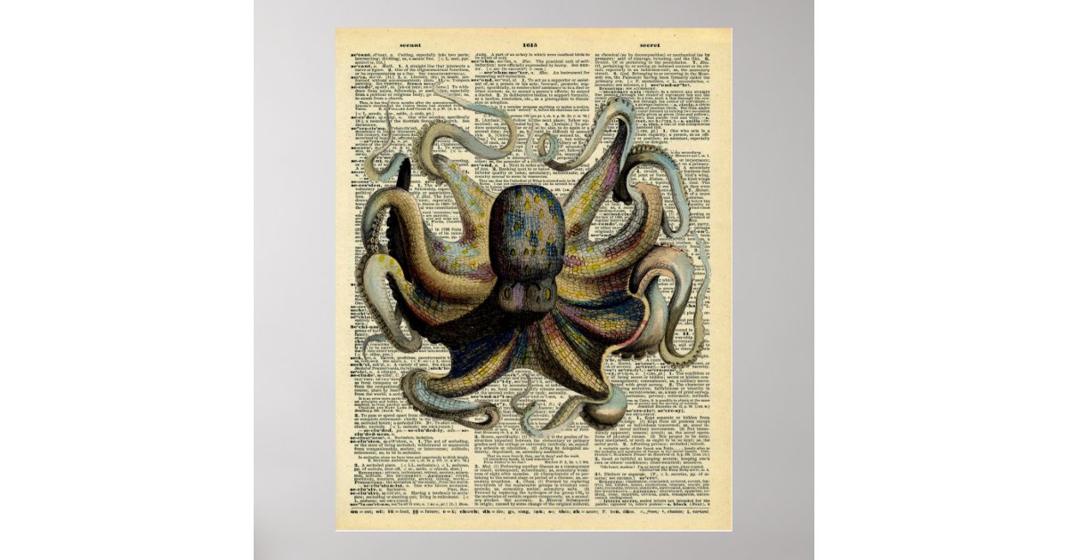 Vintage Botanical Octopus Art Dictionary Page Poster | Zazzle