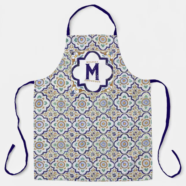 Vintage Botanical Ornamental Tiles Monogram Apron | Zazzle