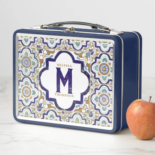 Vintage Botanical Ornamental Tiles Monogram Metal Lunch Box | Zazzle