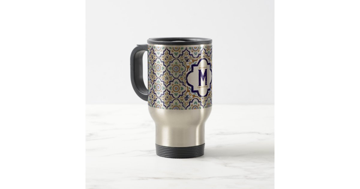 Vintage Botanical Ornamental Tiles Monogram Travel Mug | Zazzle