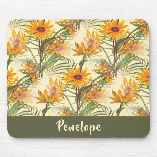 Vintage Botanical Sunflowers Pattern With Name Mouse Pad | Zazzle