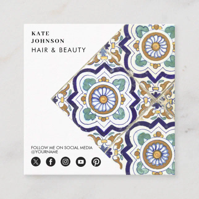 Vintage Botanical Tiles QR Code Social Media Icons Square Business Card ...