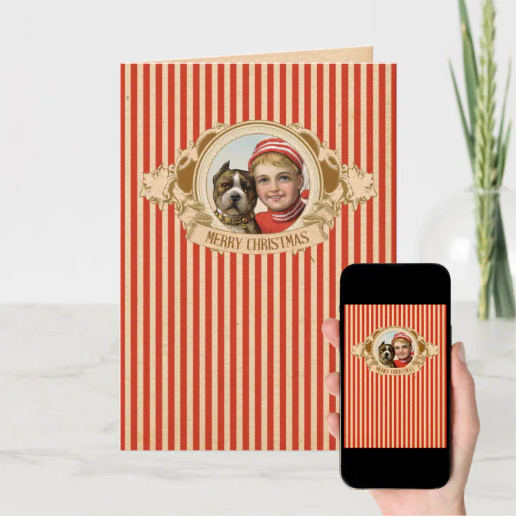 Vintage Boy & Pit Bull Dog Christmas Card | Zazzle