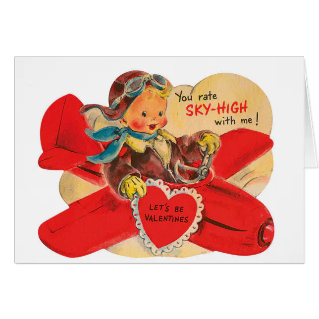 Vintage boy with airplane Valentine message card | Zazzle
