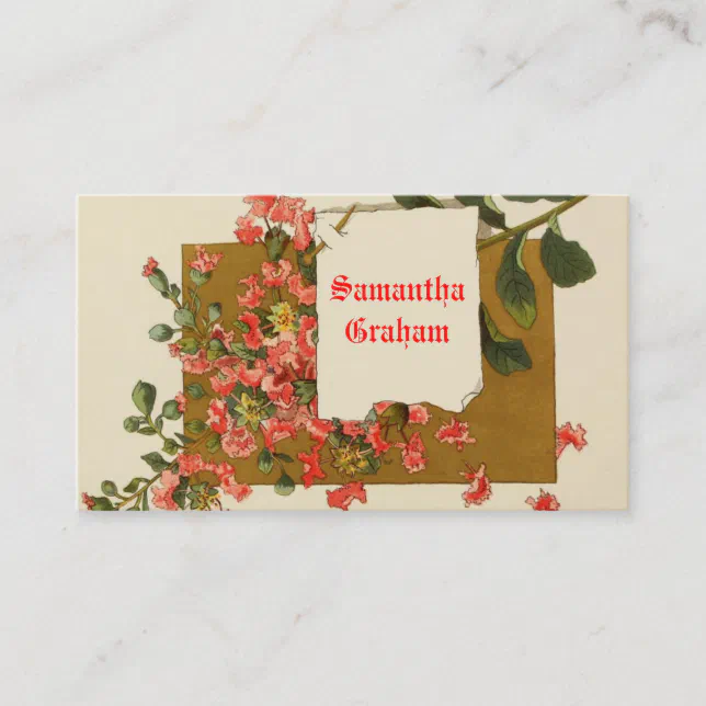 Vintage branch with red pink flowers custom business card | Zazzle
