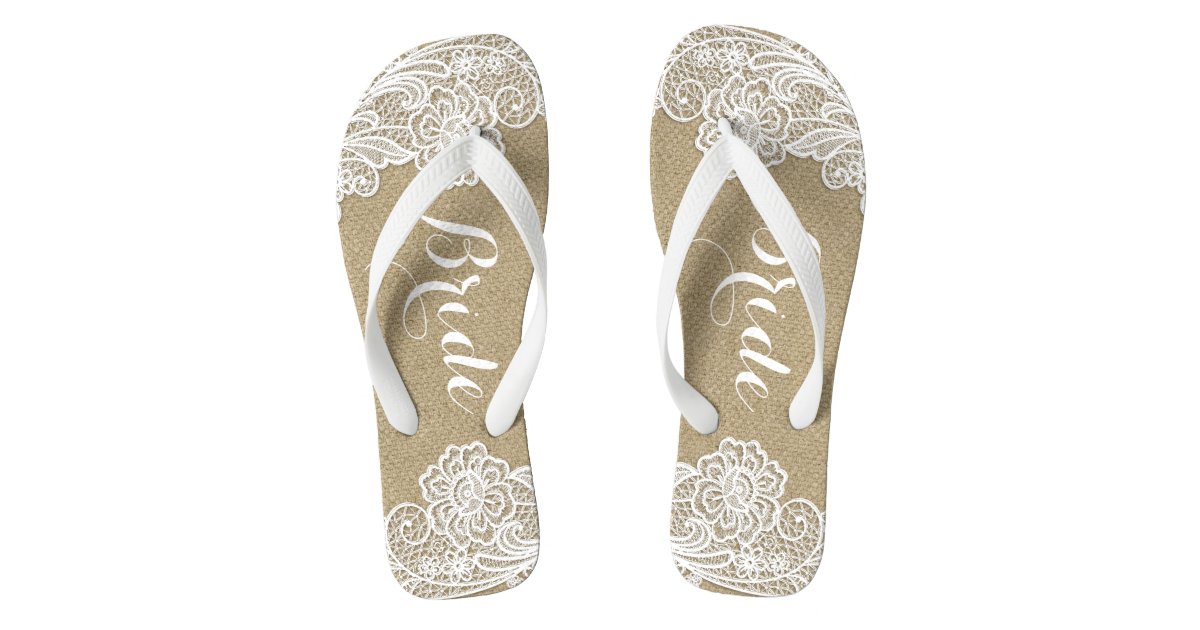Vintage Bridal Country Rustic Burlap and Lace Flip Flops | Zazzle