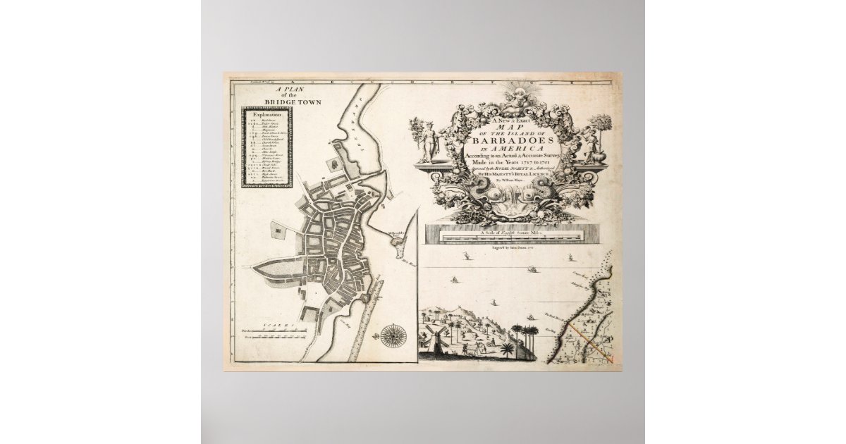 Vintage Bridgetown Barbados Map (1721) Poster | Zazzle