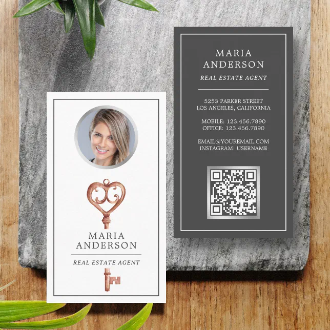 Vintage Bronze Key Real Estate Agent Photo QR Code Business Card | Zazzle