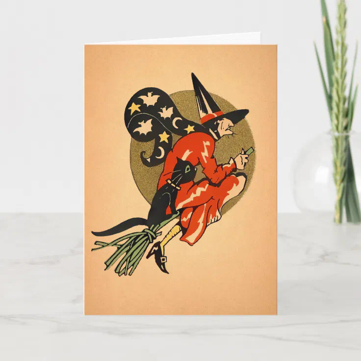 Vintage Broom Witch Halloween Card | Zazzle